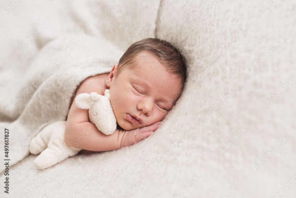 Beautiful sleeping newborn baby hugging her plush toy Stock Photo ...