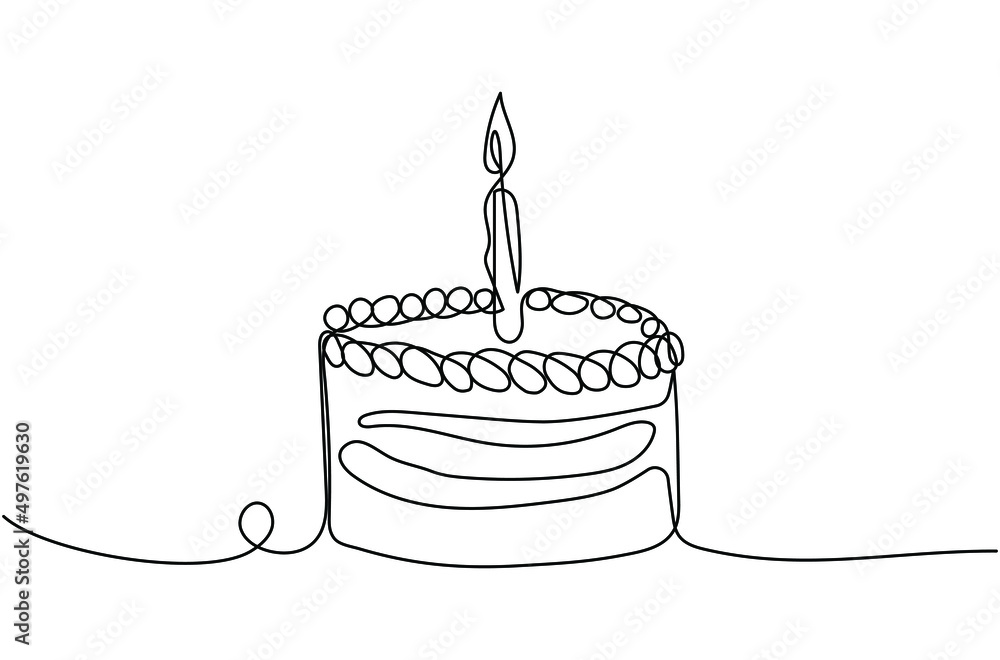 Continuous one line drawing of birthday cake with candle. Concept for ...