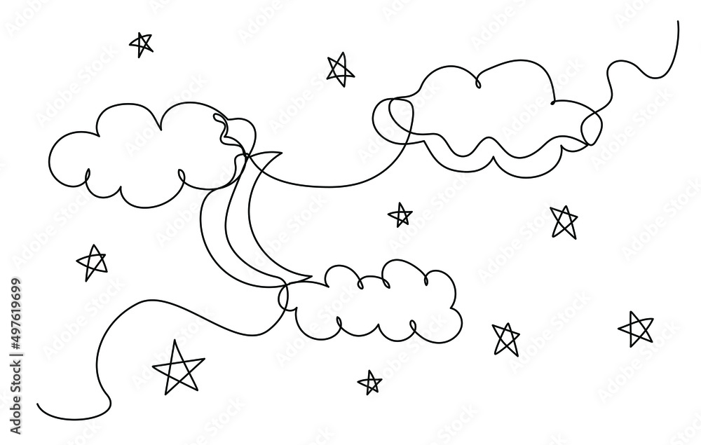 Continuous one line drawing of night sky with clouds and stars. Vector ...