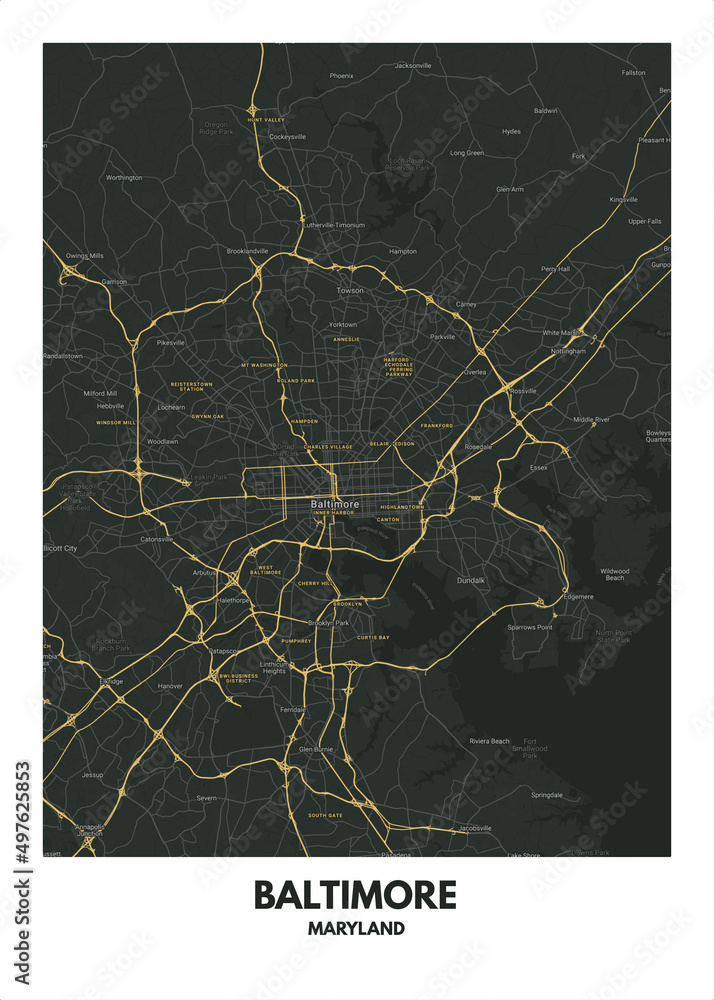 Poster Baltimore - Maryland map. Road map. Illustration of Baltimore ...