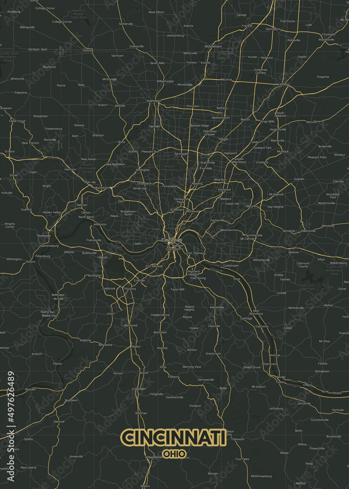 Poster Cincinnati - Ohio map. Road map. Illustration of Cincinnati ...