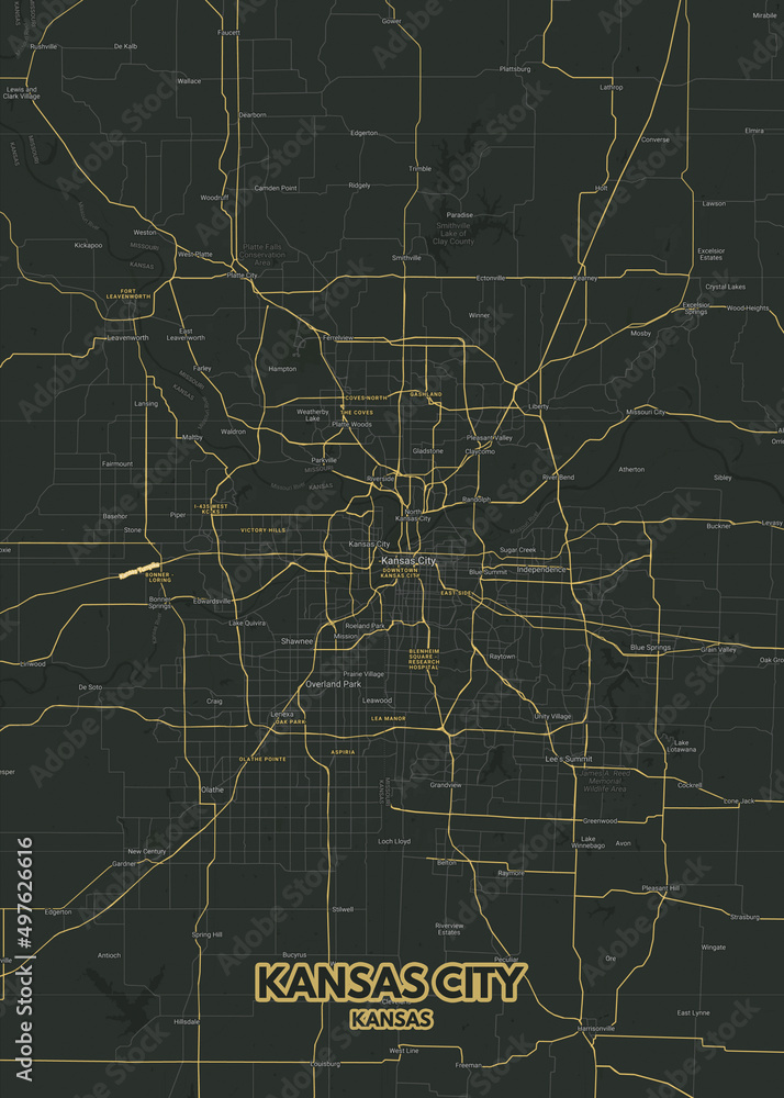 Poster Kansas City - Kansas map. Road map. Illustration of Kansas City ...