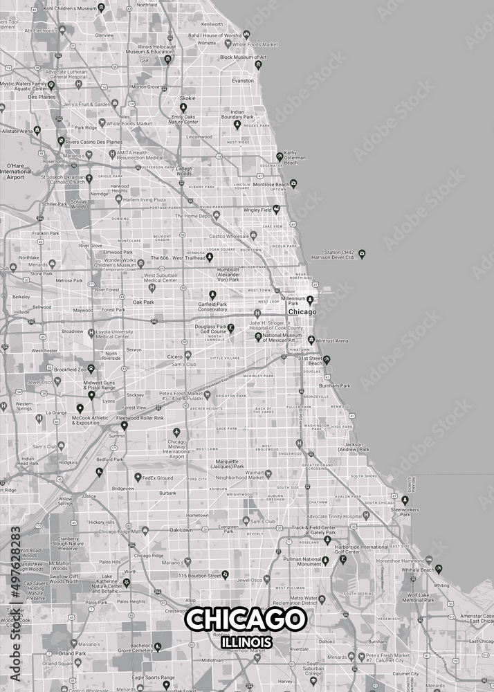 Poster Chicago - Illinois map. Road map. Illustration of Chicago ...