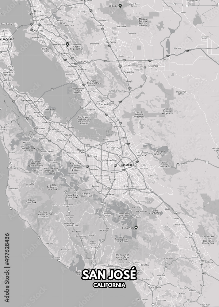 Poster San José - California map. Road map. Illustration of San José ...