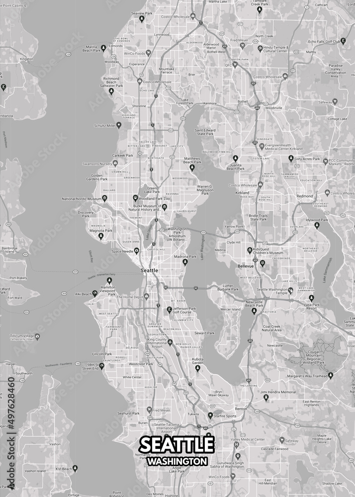 Poster Seattle - Washington map. Road map. Illustration of Seattle ...