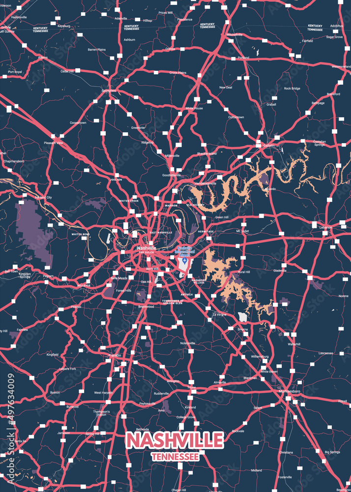 Poster Nashville - Tennessee map. Road map. Illustration of Nashville ...