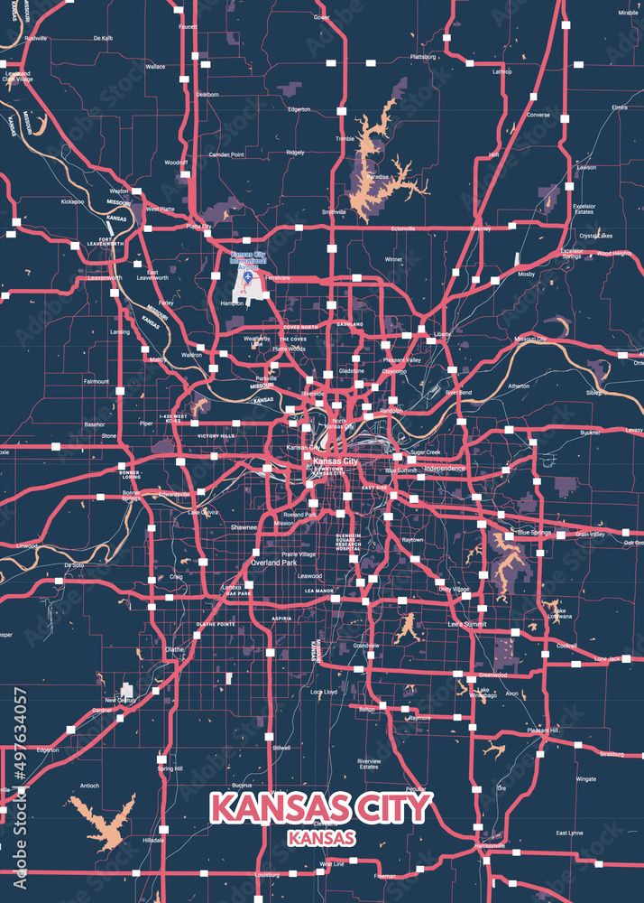 Poster Kansas City - Kansas map. Road map. Illustration of Kansas City ...