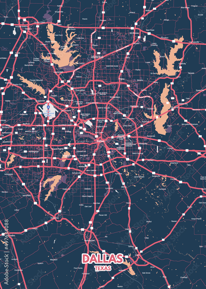 Poster Dallas - Texas map. Road map. Illustration of Dallas - Texas ...