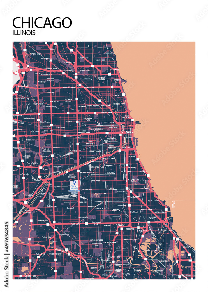 Poster Chicago - Illinois map. Road map. Illustration of Chicago ...