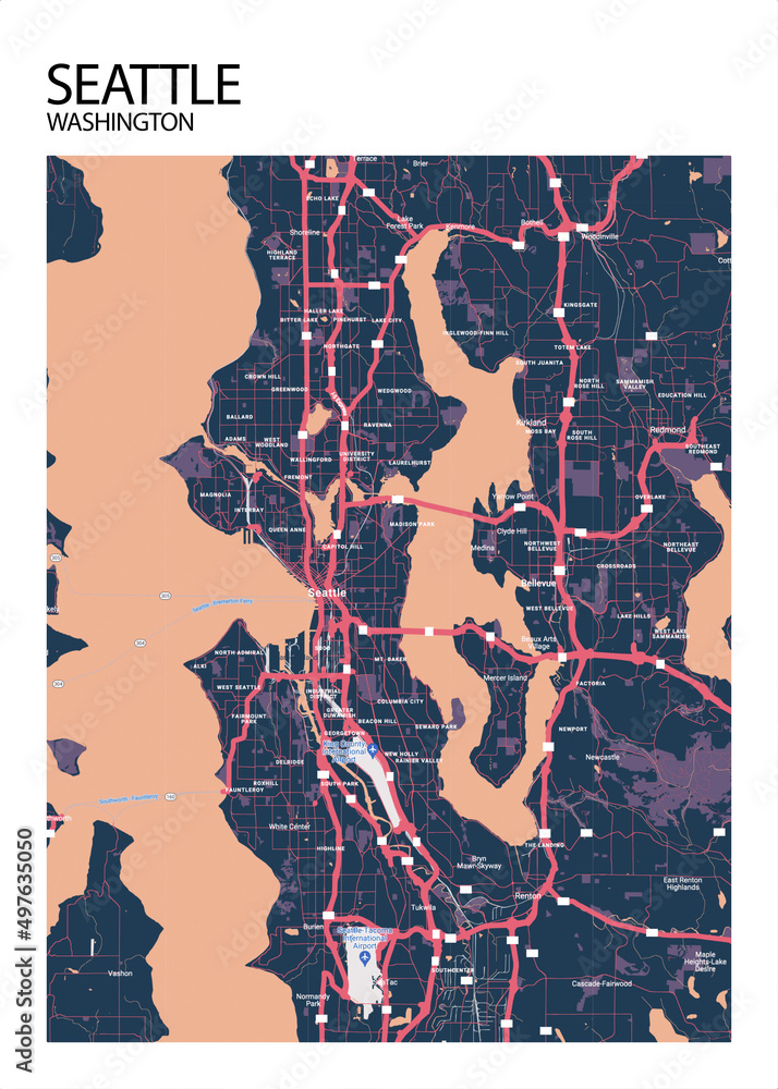 Poster Seattle - Washington map. Road map. Illustration of Seattle ...