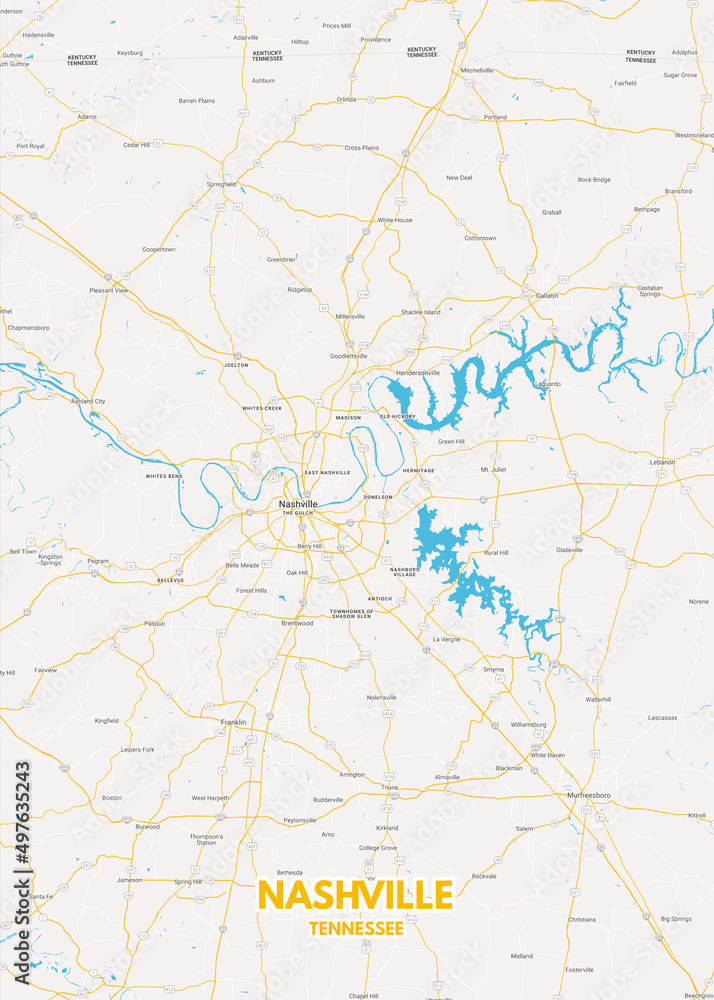 Poster Nashville - Tennessee map. Road map. Illustration of Nashville ...