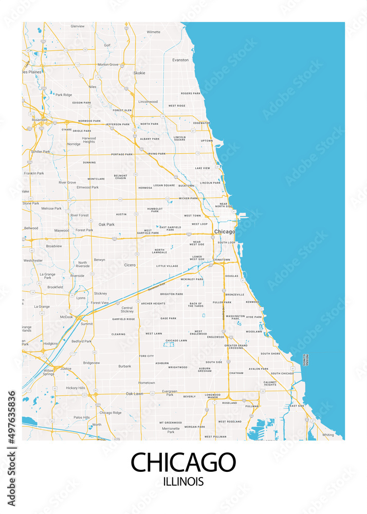 Poster Chicago - Illinois map. Road map. Illustration of Chicago ...