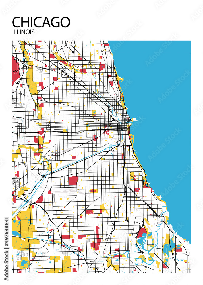 Poster Chicago - Illinois map. Road map. Illustration of Chicago ...
