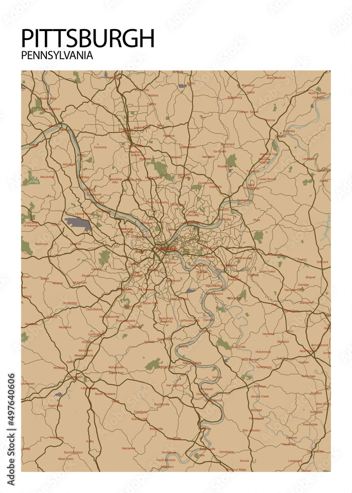 Poster Pittsburgh - Pennsylvania map. Road map. Illustration of ...