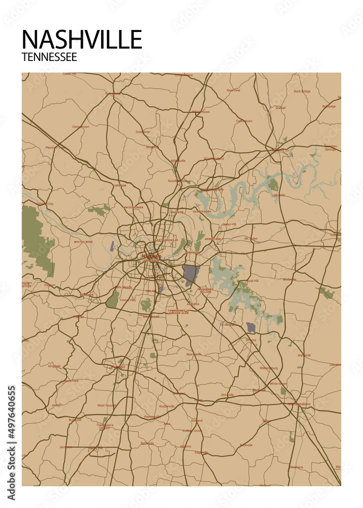 Poster Nashville - Tennessee map. Road map. Illustration of Nashville ...