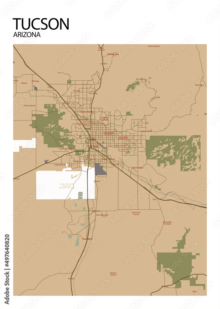 Poster Tucson - Arizona map. Road map. Illustration of Tucson - Arizona ...