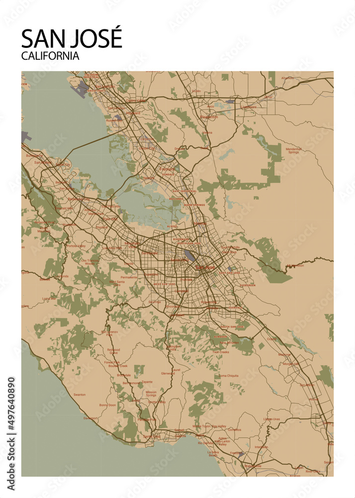 Poster San José - California map. Road map. Illustration of San José ...