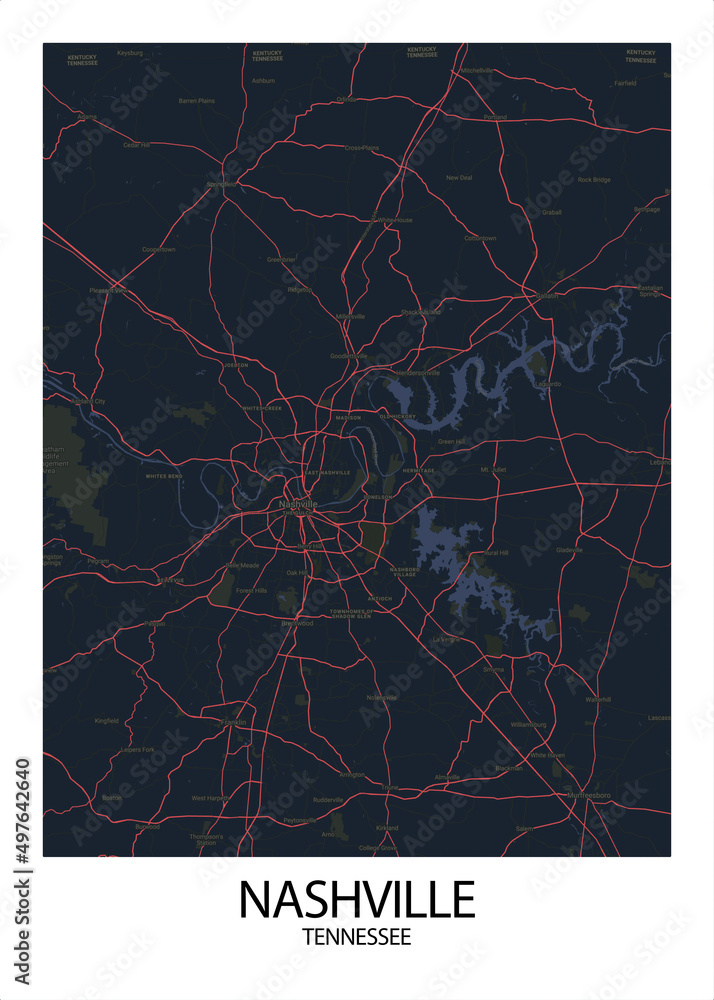 Poster Nashville - Tennessee map. Road map. Illustration of Nashville ...