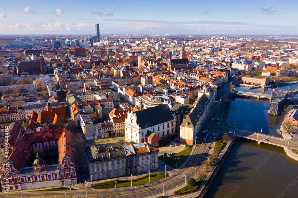 Picturesque aerial view of Wroclaw on Oder River bank overlooking ...