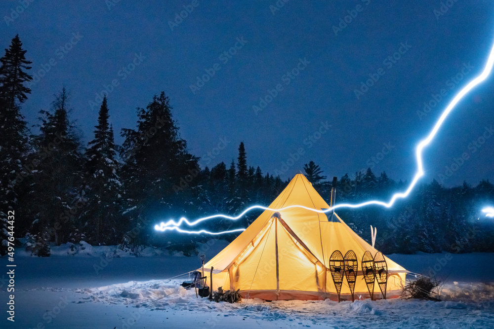 Light Painting Tent with Winter Wilderness Night Sky Landscape Stock ...