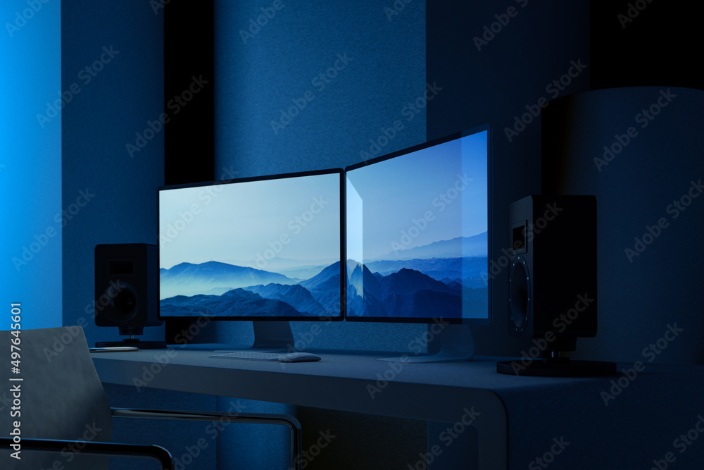 Desk with two computers Stock Photo | Adobe Stock