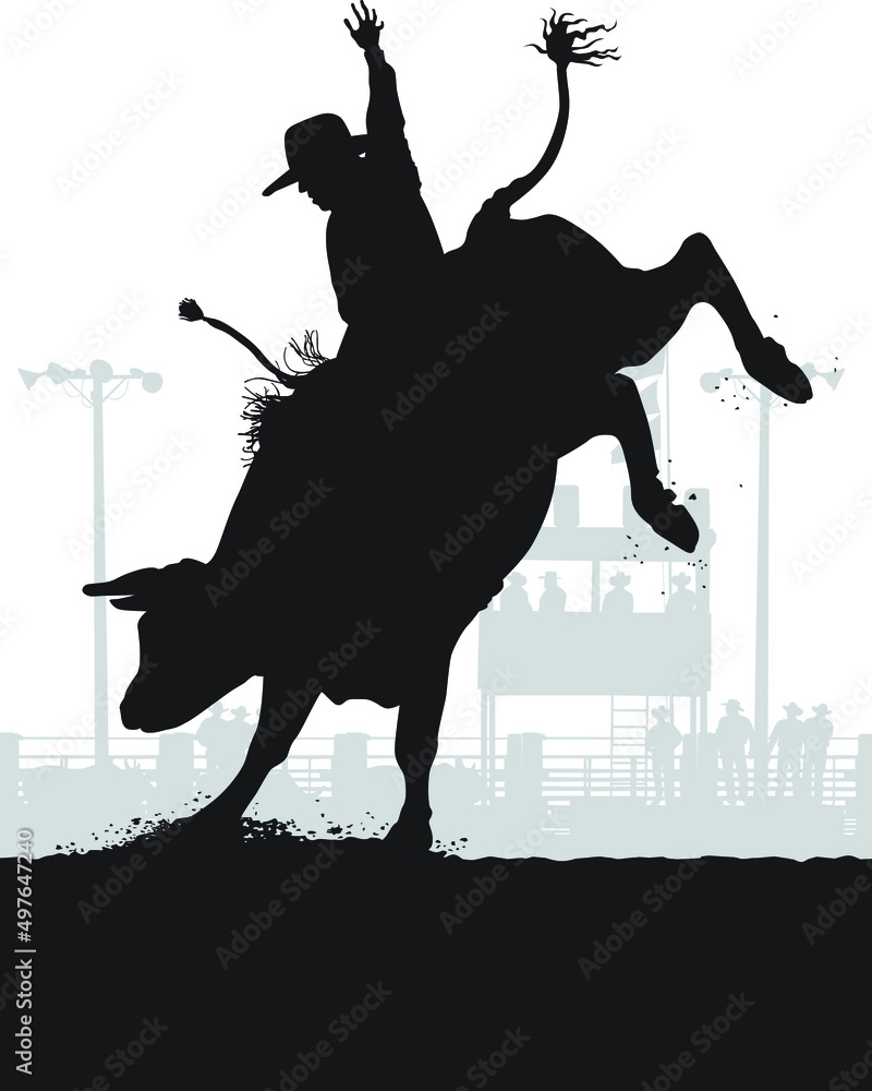 Vector silhouettes of a rodeo cowboy riding a bucking bull in a rodeo ...