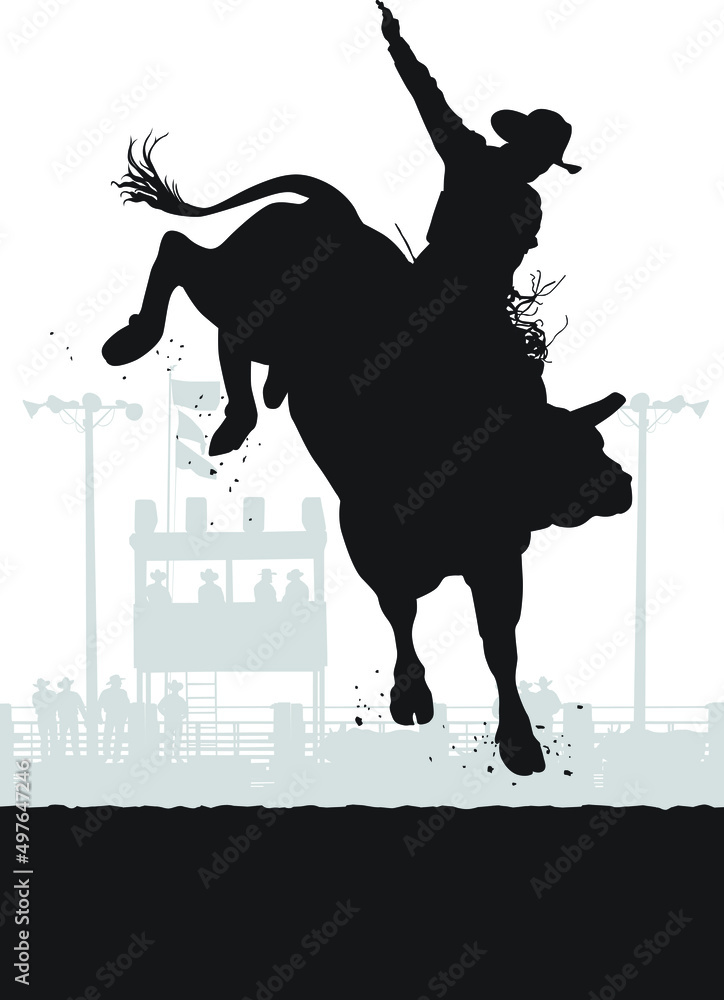 Vector silhouettes of a rodeo cowboy riding a bucking bull in a rodeo ...