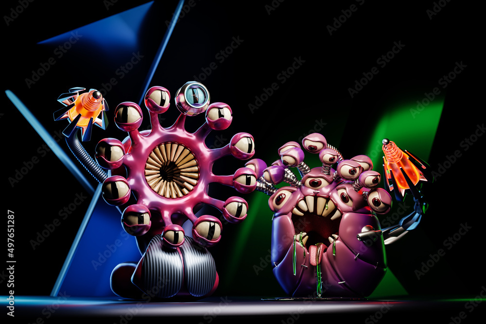 Evil pink cartoon monsters with a huge number of eyes, sight eyes ...