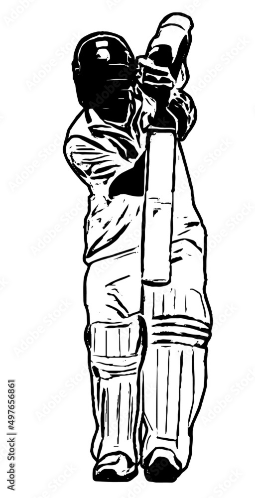 Hand drawn outline sketch drawing of cricket batsman playing straight ...