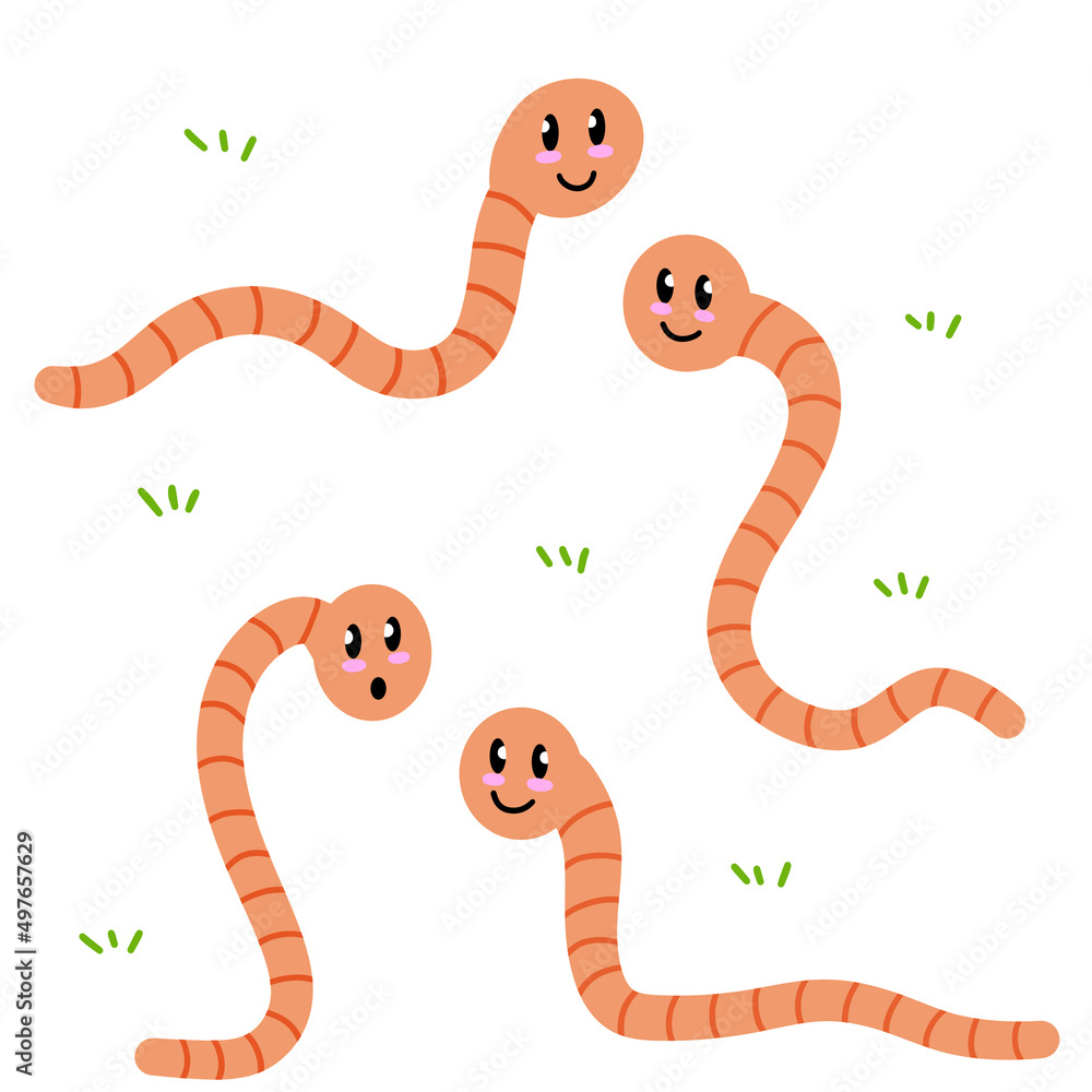 Cute cartoon smiling worm. Little pink earthworm isolated vector ...