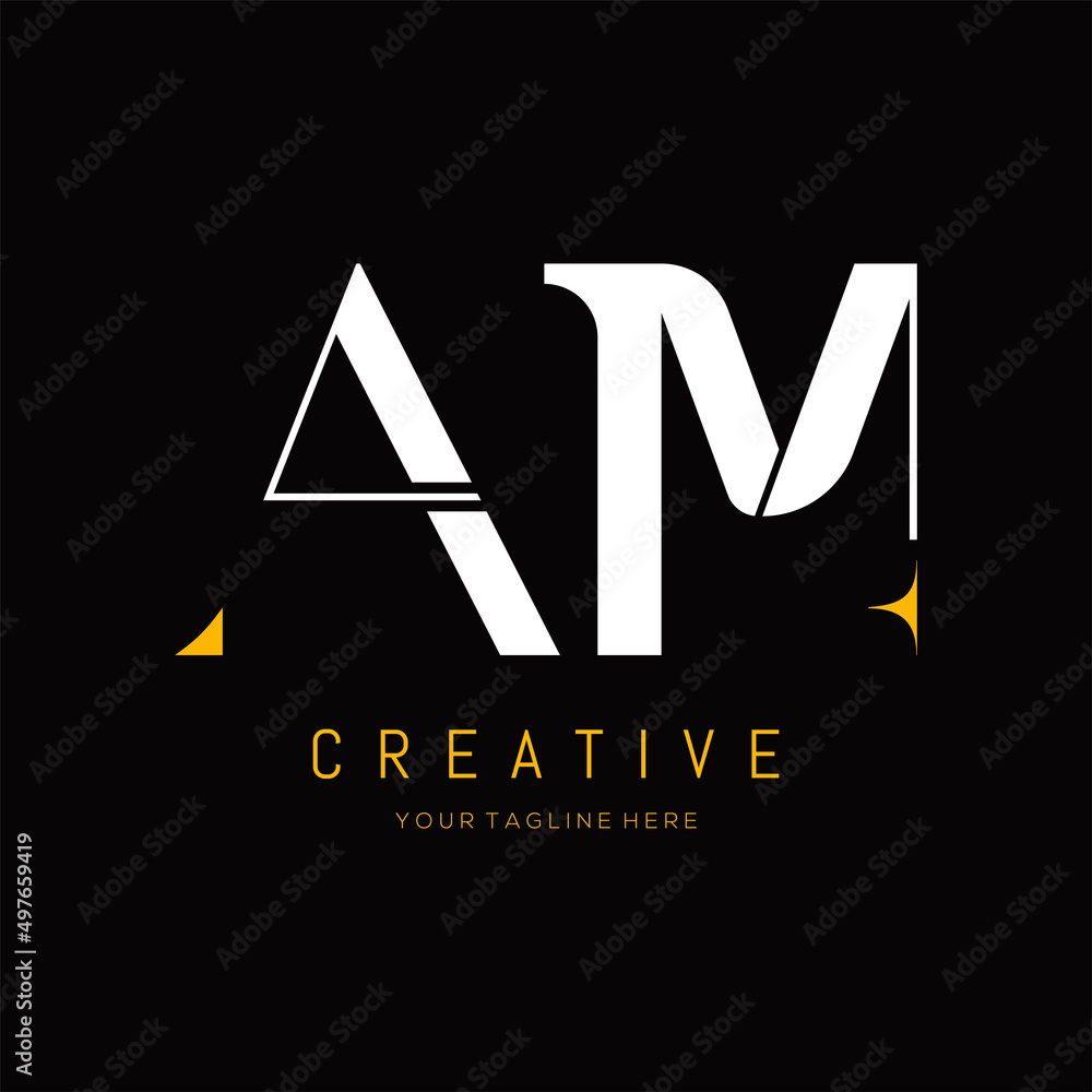 simple a m letter logo design in white and gold color with black ...