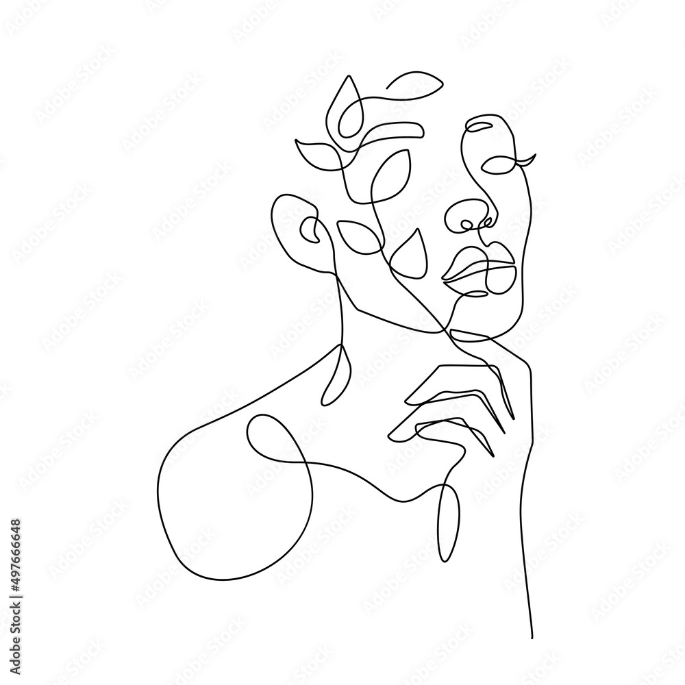 Abstract Face With Flowers Continuous Line Drawing Woman Face