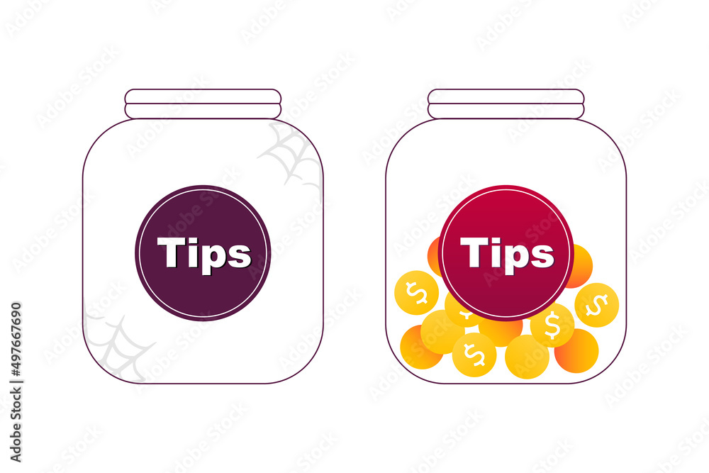 Empty tips jar and tips jar filled with golden coins. Vector cartoon ...