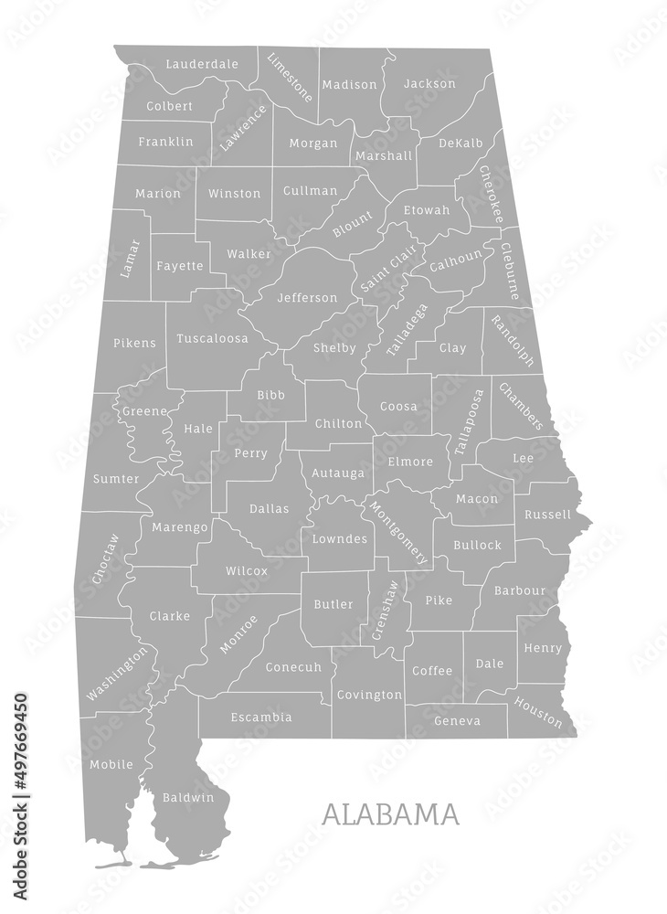 Highly detailed gray map of Alabama state, USA. Administrative map of ...