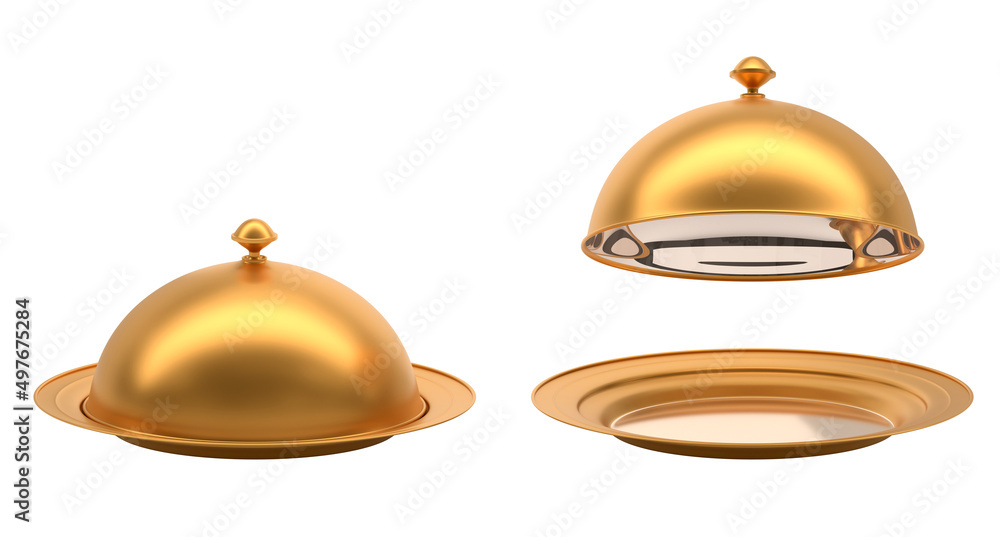 3D Gold tray with open and closed cloche. Realistic set of golden ...