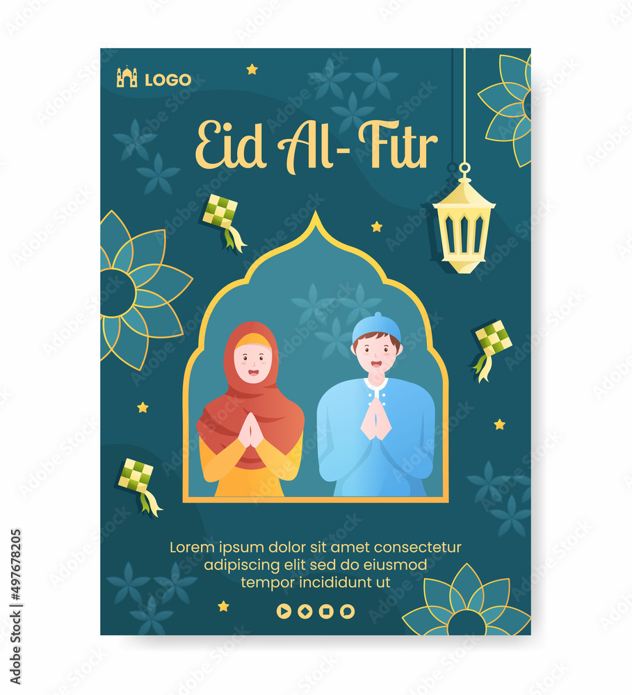 Happy Eid Al-Fitr Mubarak Poster Template Flat Design Illustration ...
