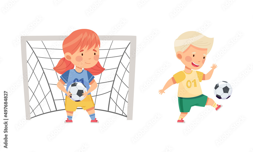 Kids playing soccer. Cute girl and boy kicking and catching the ball ...
