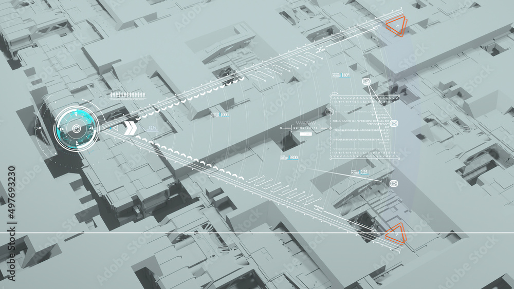 3d illustration - Model of alien sci-fi city with optical flares and ...