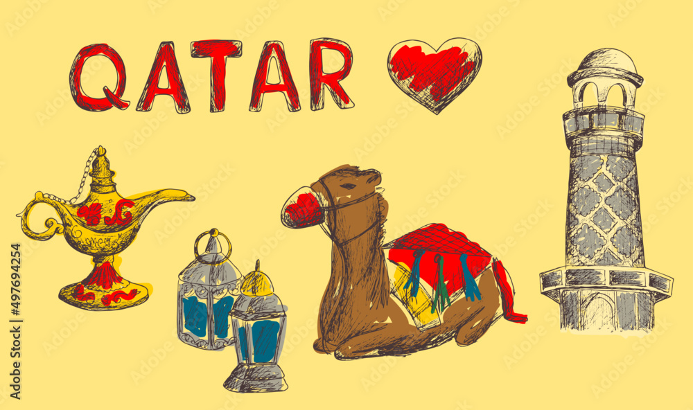 Digital abstract drawing sketch of symbols of Qatar. isolated ...