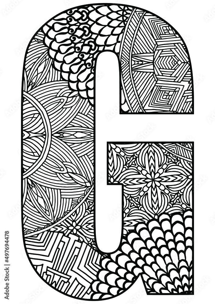 capital letter G decorated with mandalas and geometric figures on a ...