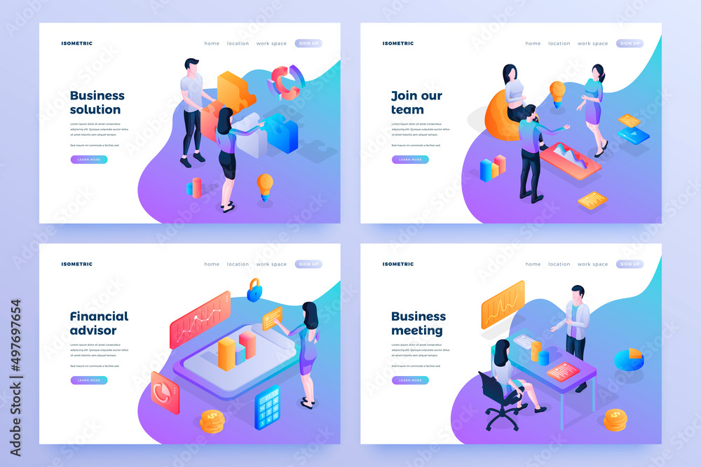 Staff teamwork isometric landing page templates set. Business solution ...