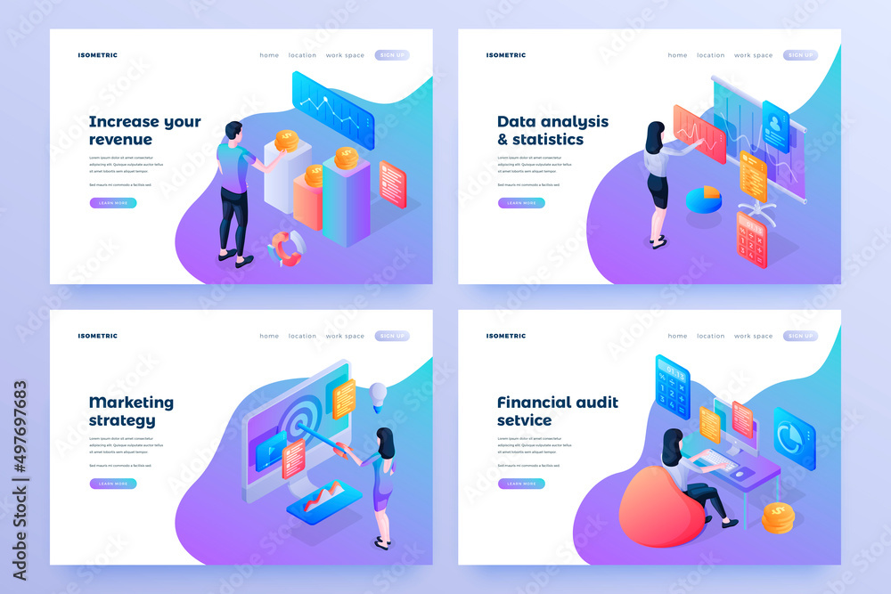 Business development isometric landing page templates set. Increasing ...