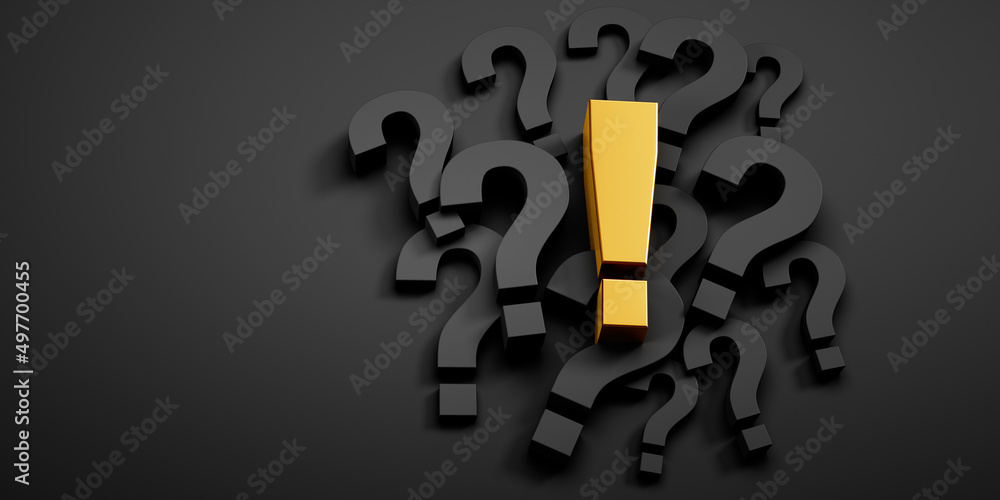 Pile of black question mark symbols with single golden exclamation mark ...