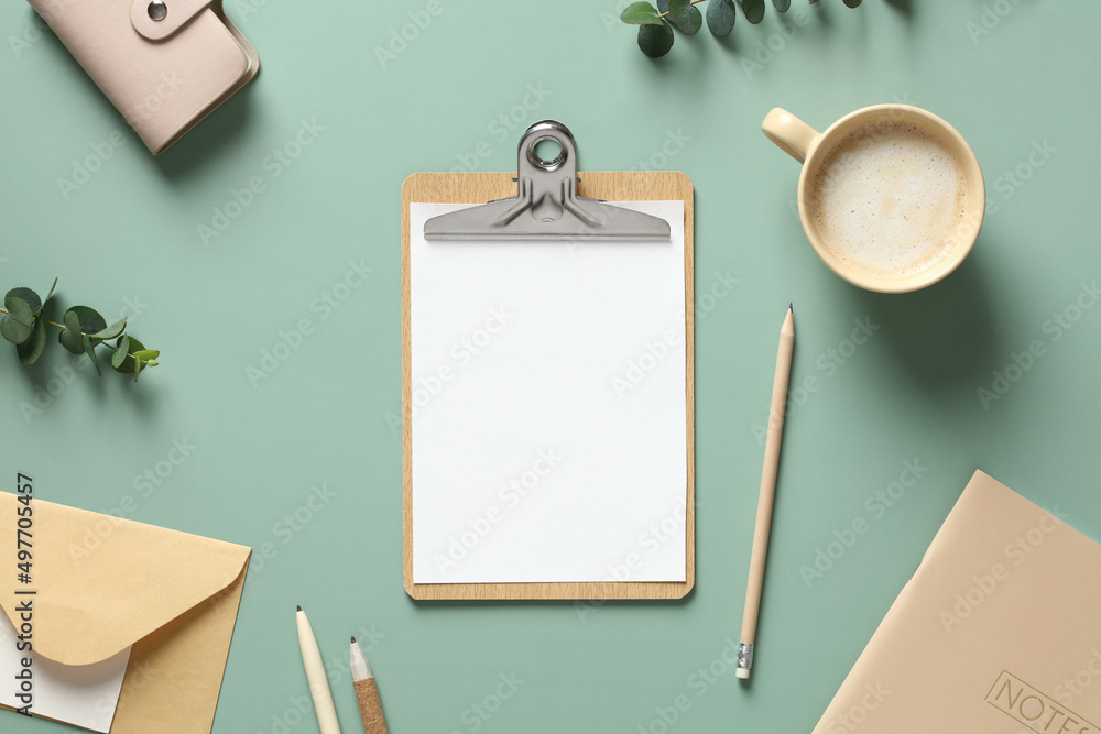 Aesthetic minimal office desk table with clipboard mockup, coffee cup ...
