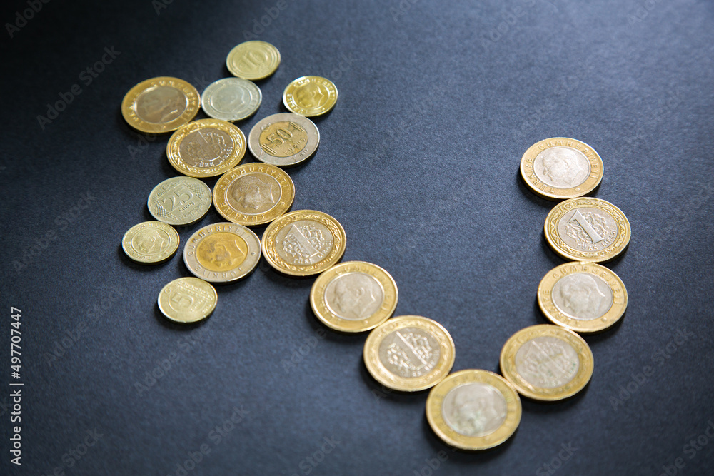 Selective focus of Turkish lira symbol made with coins. Turkish lira ...