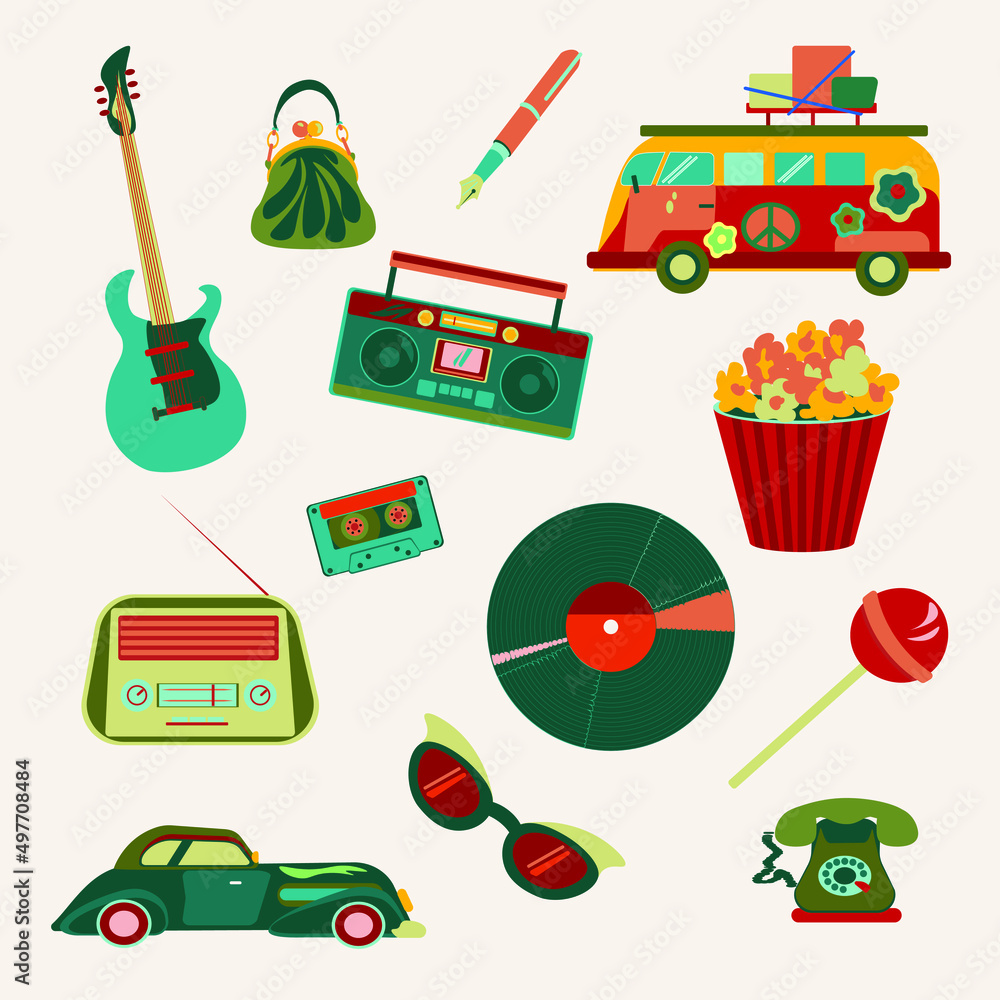 A set of minimalist vector images of retro items from the 60s and 70s ...