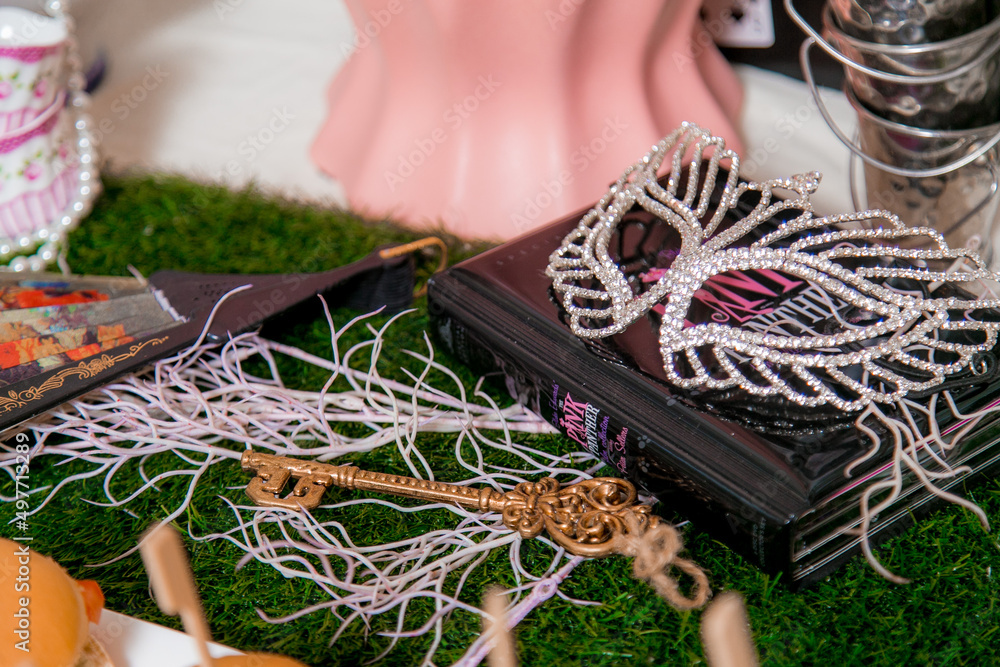 Decorated catering banquet table with different food appetizers ...