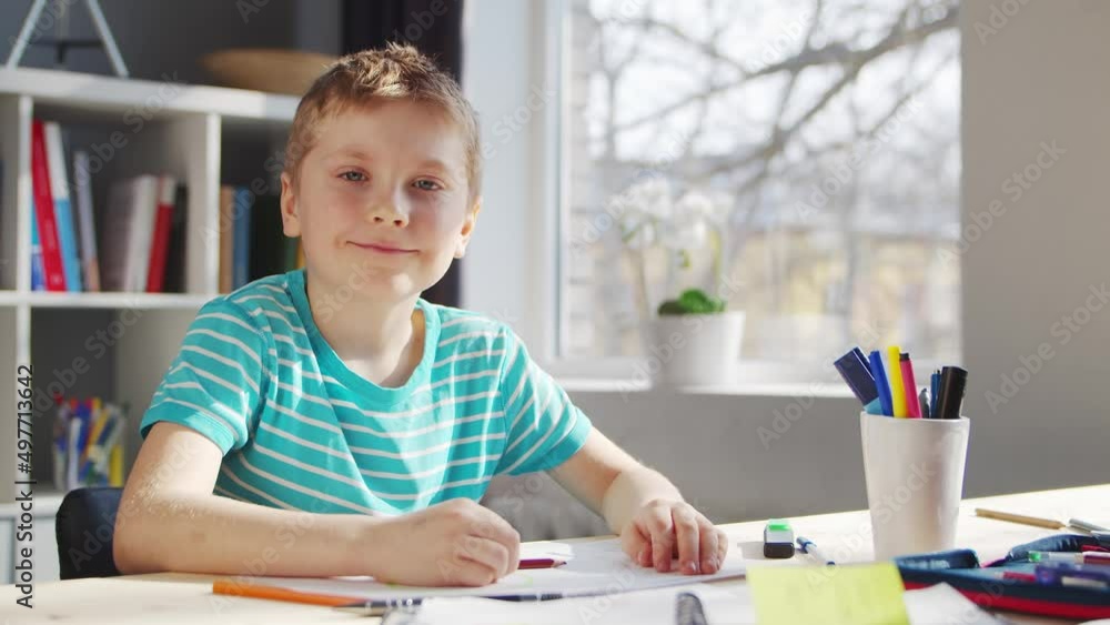 Boy is Doing his Homework at the Table. Cute Child is Learning at Home ...