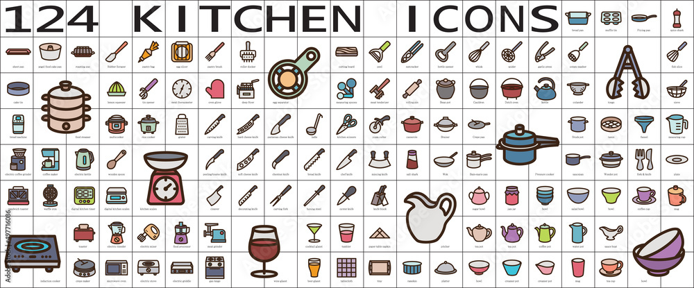 Kitchen utensil vector icon set.Editable icon collection. Stock Vector ...