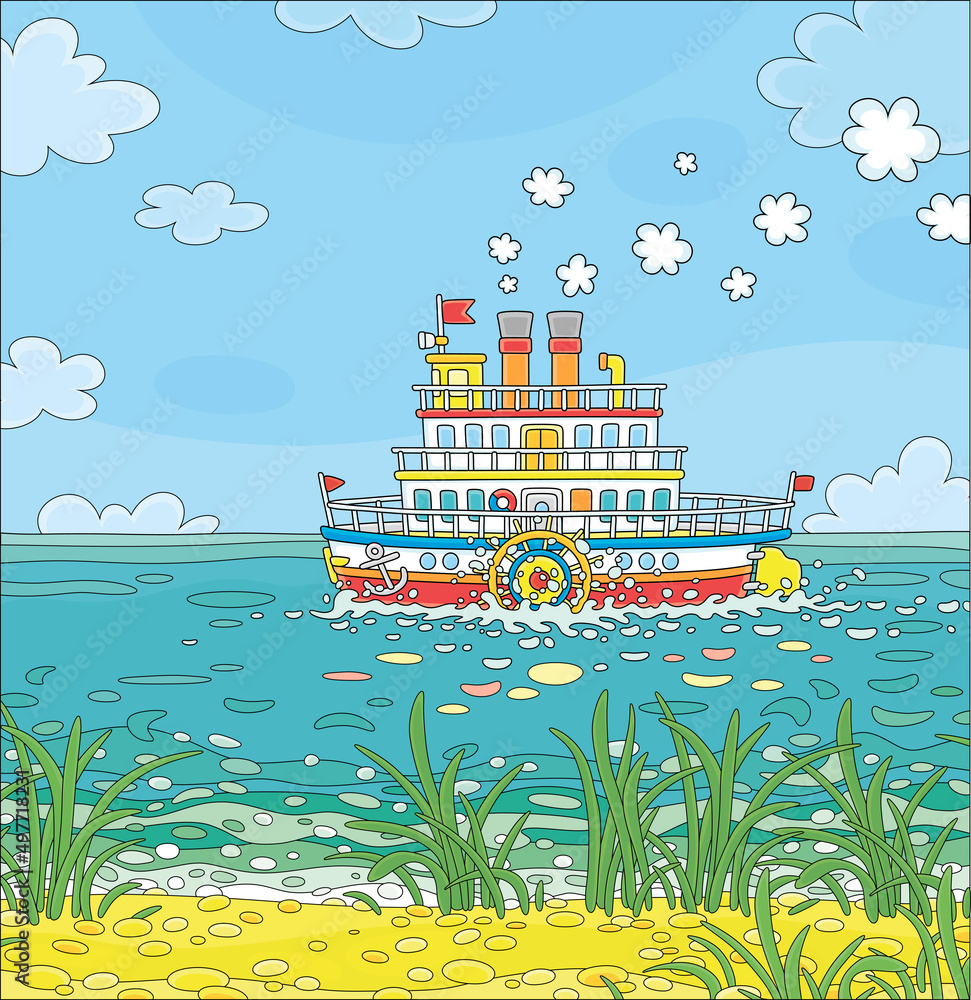 Funny retro paddle passenger steamboat with large wheels attached to ...